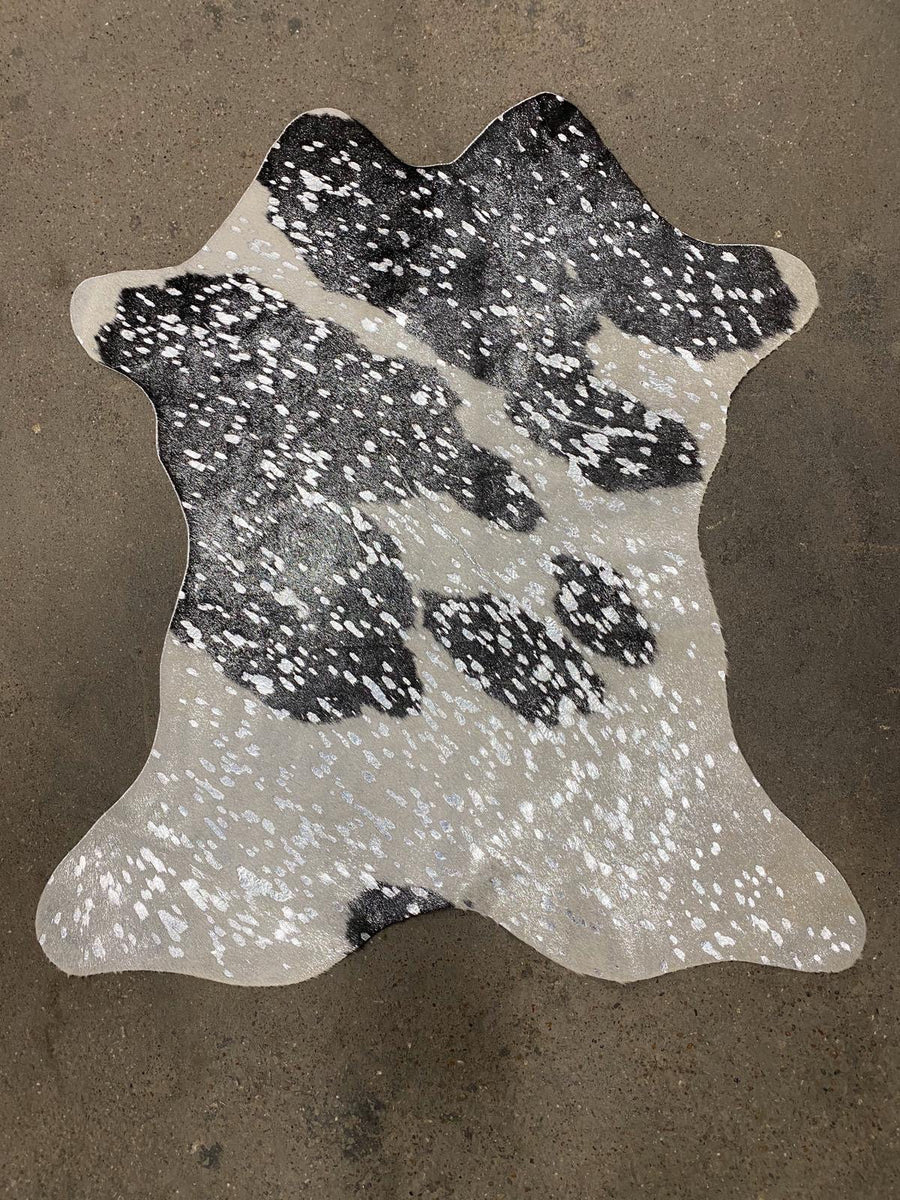 Silver On White Black Metallic Acid Wash Printed Design Calf Hide Rug ...