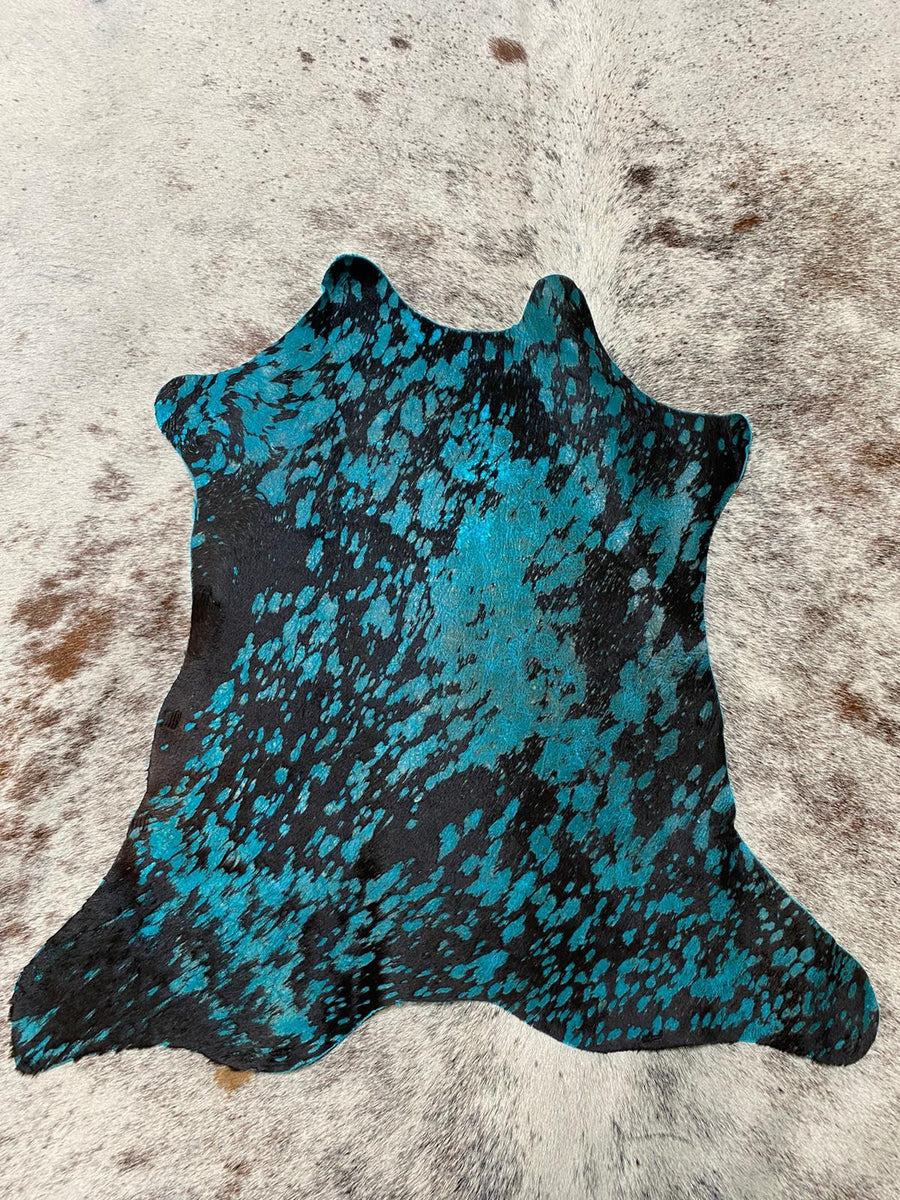 Turquoise On Black Acid Wash Printed Design Calf Hide Rug – Western ...